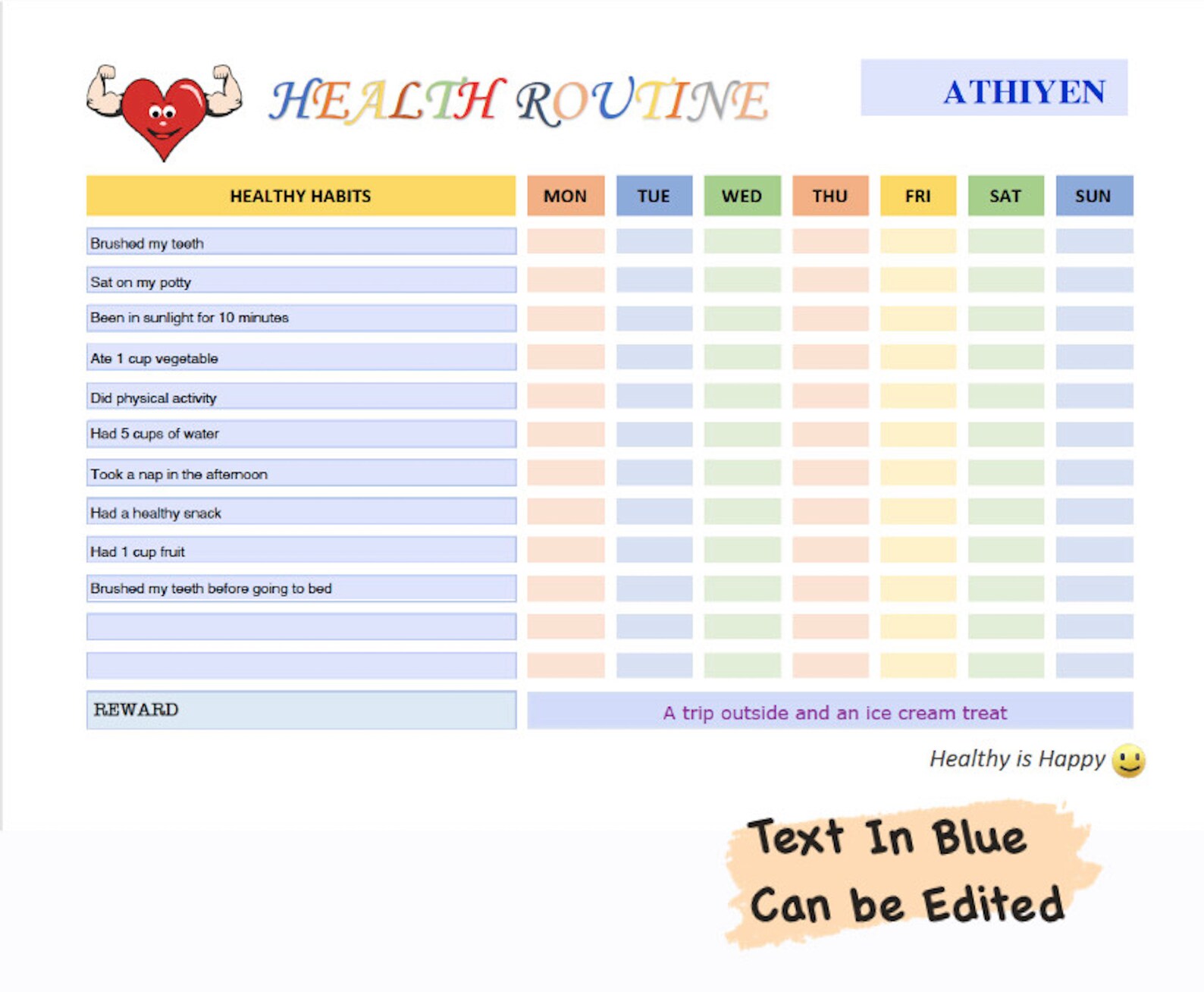 Health Routine Chart for Kids,fully Editable,daily Routine ...