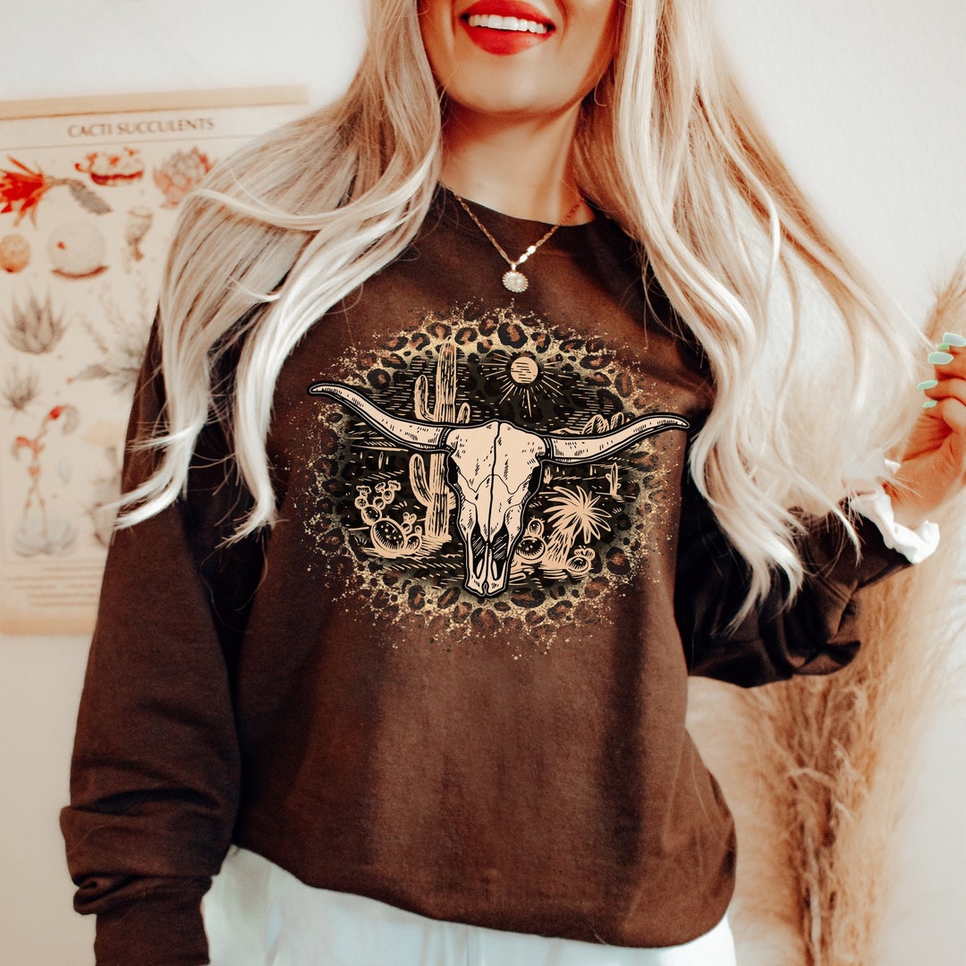 Leopard Print Bull Skull Sweatshirt Western Crewneck Country Sweatshirt ...