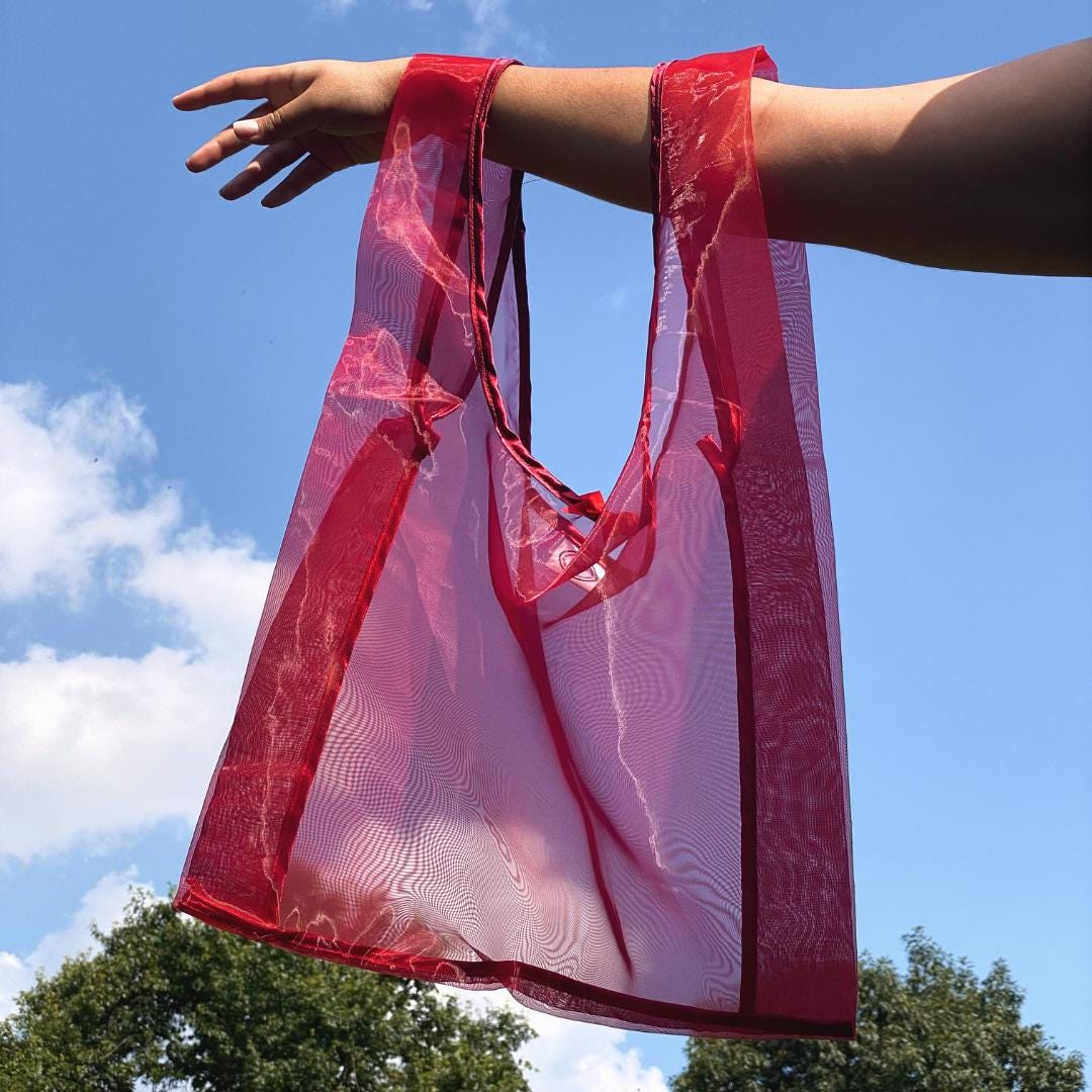 Red Organza | Bow Optional, Liquid Fabric, Sheer Bag, Sheer Tote Bag ...