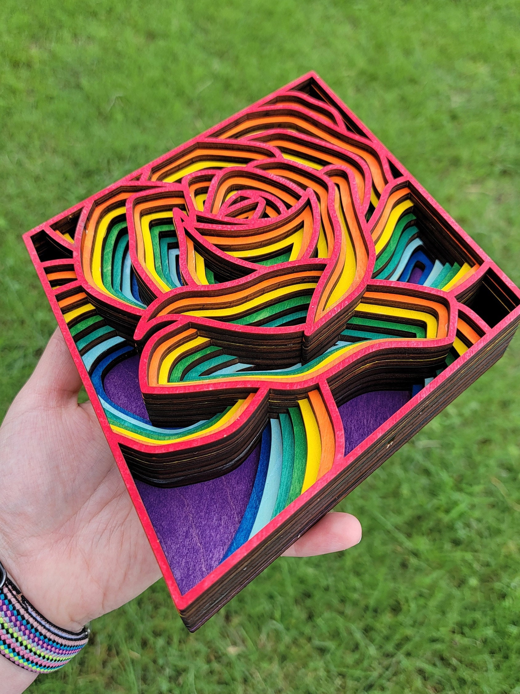 Rainbow Rose Wood Layered Wall Hanging, Wood Rose, Wood Flowers, Wall ...