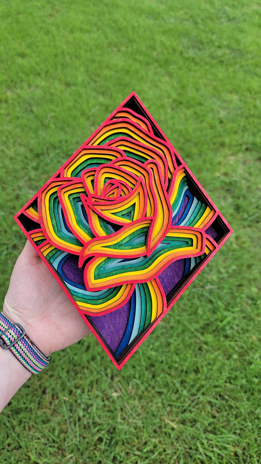 Rainbow Rose Wood Layered Wall Hanging, Wood Rose, Wood Flowers, Wall ...