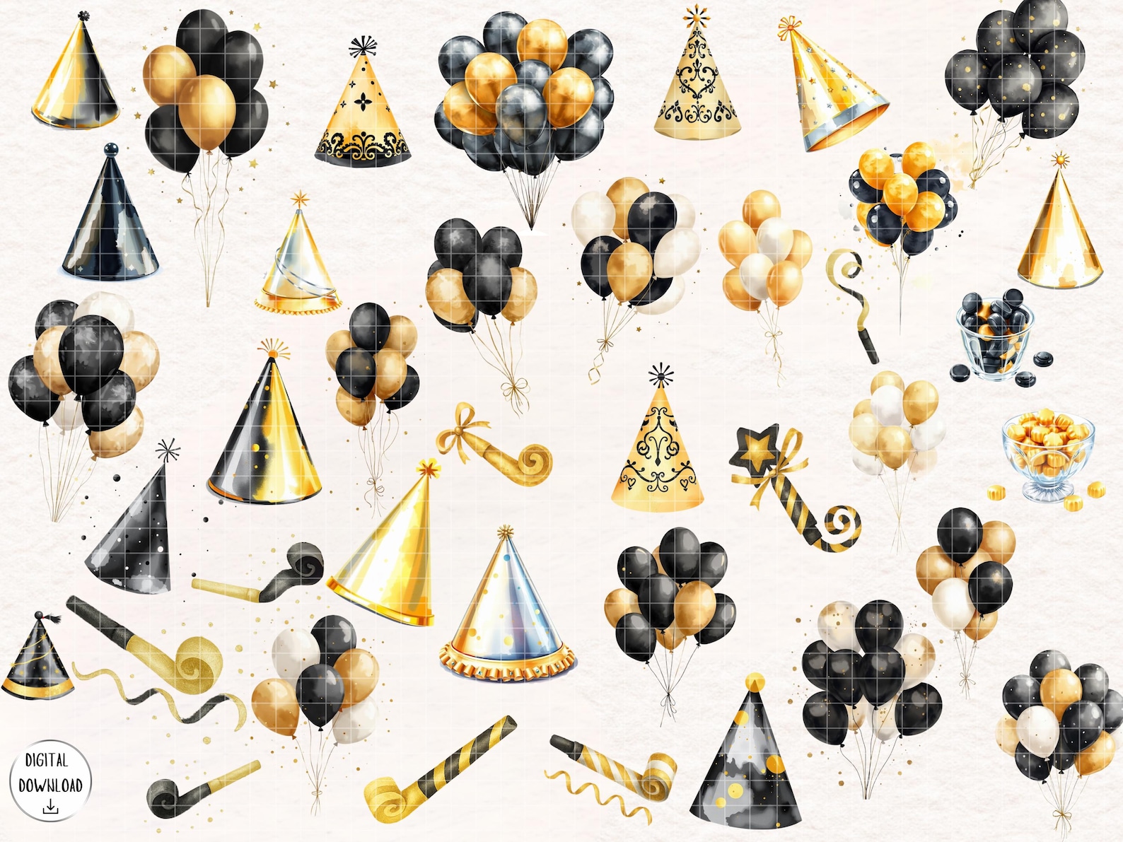 Black Gold Birthday Clipart | Watercolor Party–138 PNG | Balloons ...