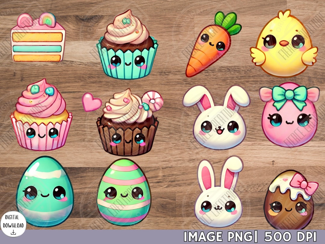 Kawaii Easter Clipart PNG Bundle - Cute Bunny, Chick , Chocolate Egg ...