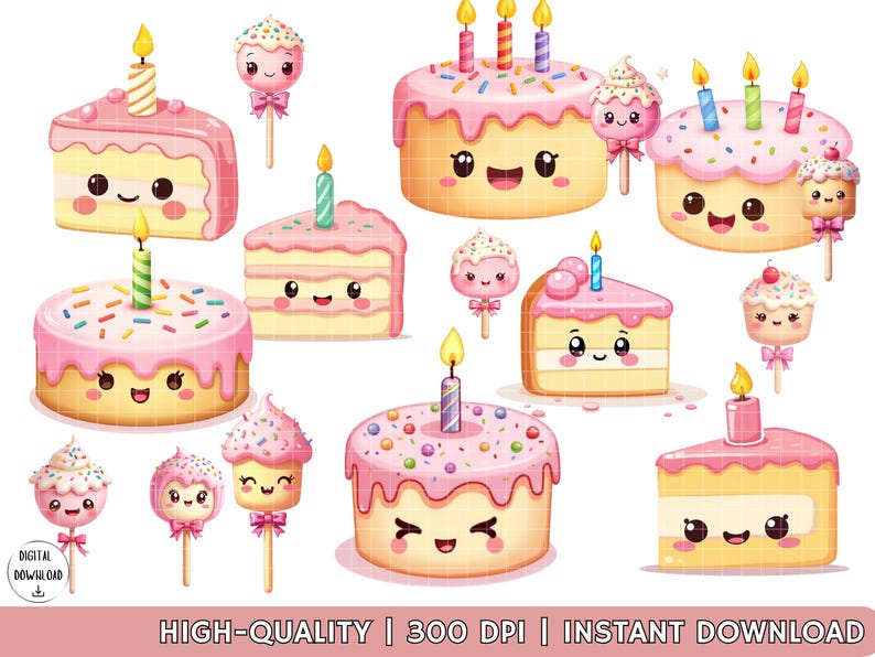 Kawaii Birthday Clipart Bundle –60 PNG, JEPG, PDF of Cupcakes, Cakes ...
