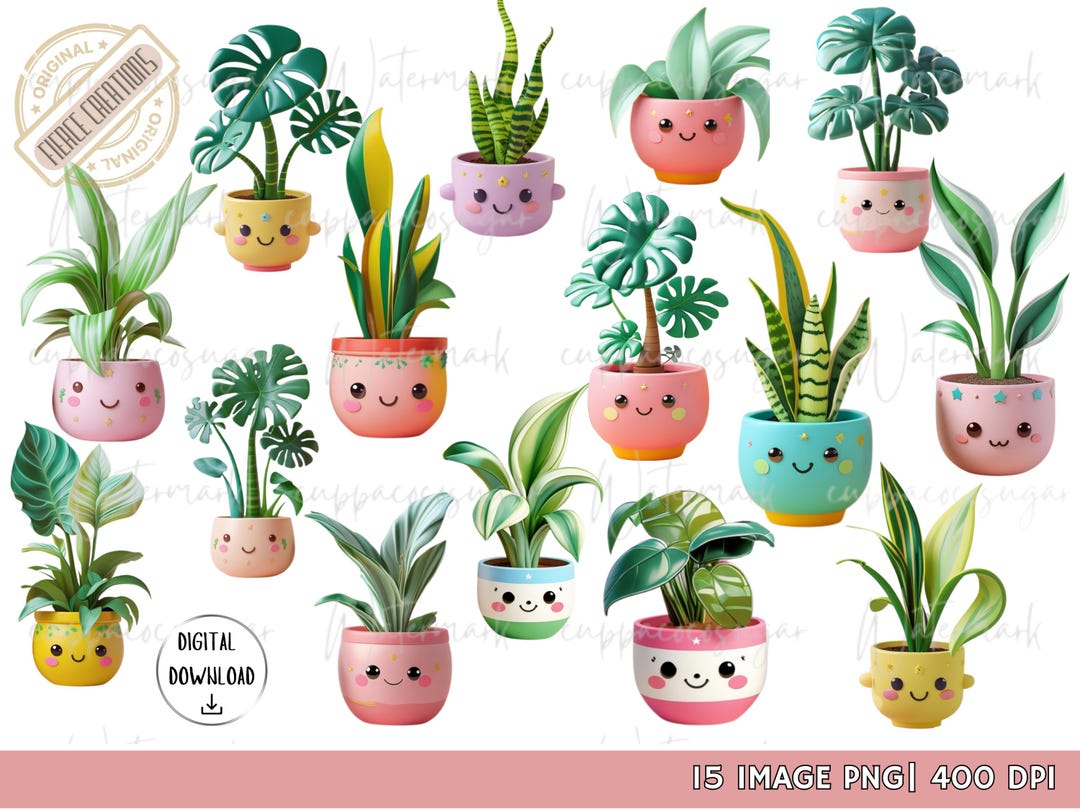 Potted Plant Clipart, Kawaii Potted Plant, Digital Download, Cute ...