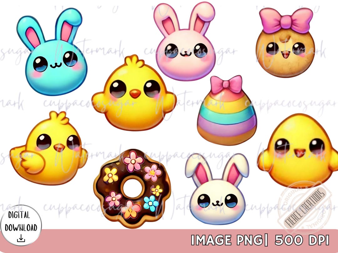 Kawaii Easter Clipart Pack - Cute Bunny, Chick & Cookie PNG | 9 Images ...