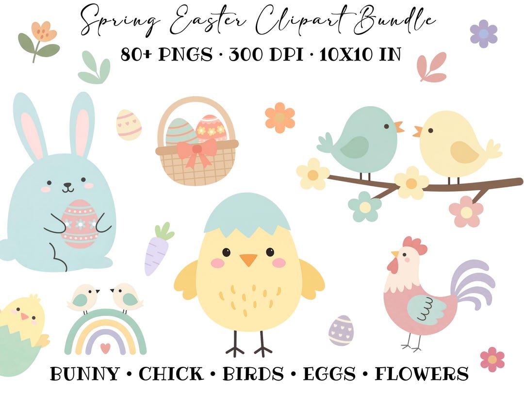 Spring Easter Clipart Bundle | Pastel Kawaii Bunny, Bird, Chick, Flower ...