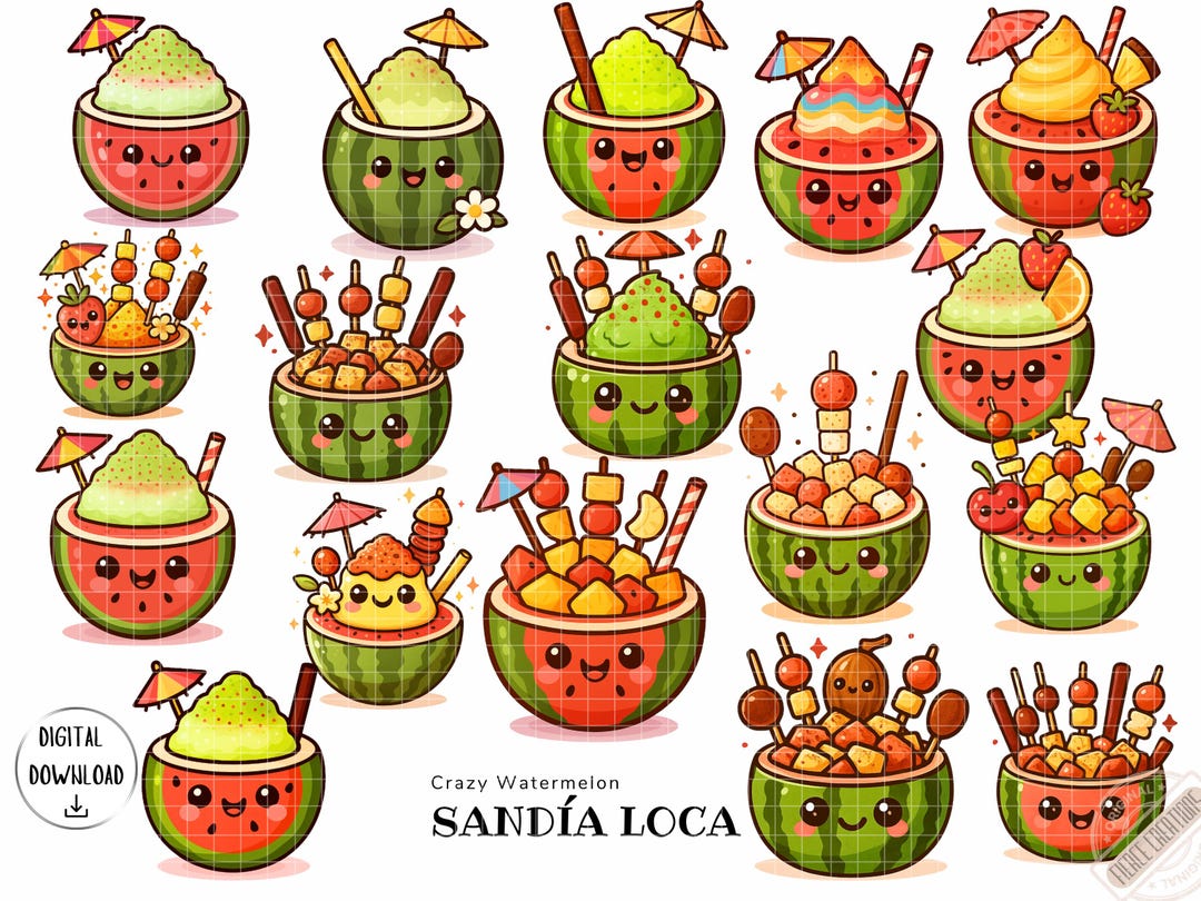Sandía Loca Clipart – Kawaii Watermelon Frozen Drinks (PNG, JPEG, PDF ...