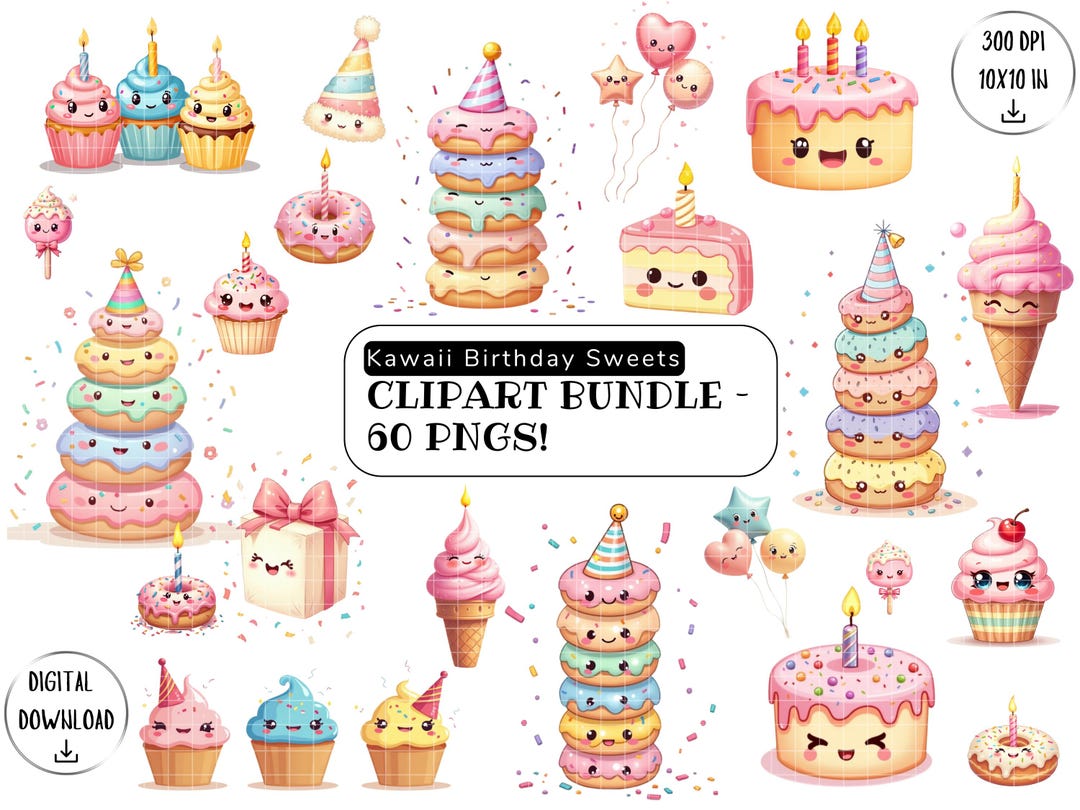 Kawaii Birthday Clipart Bundle –60 PNG, JEPG, PDF of Cupcakes, Cakes ...