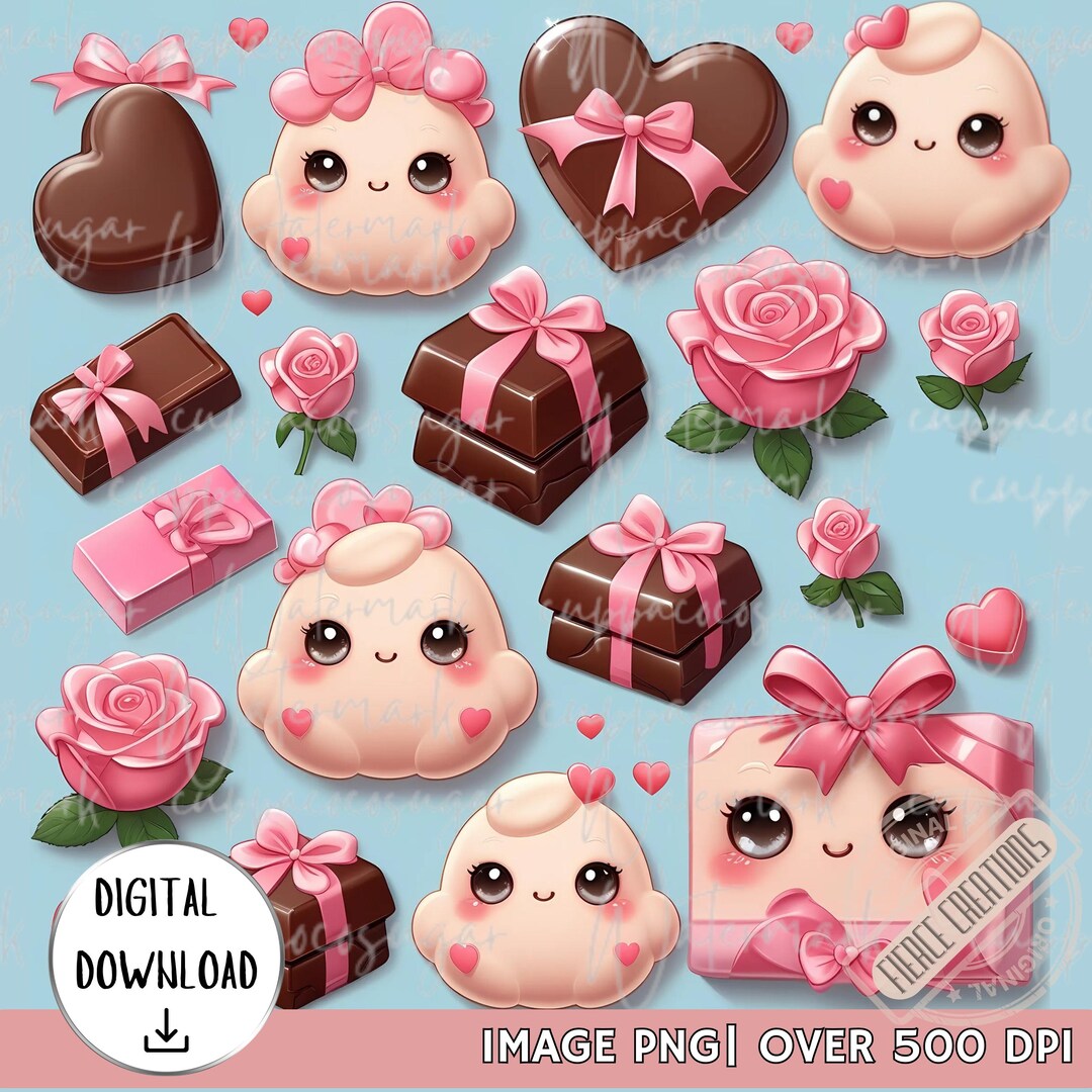 Kawaii Valentine Clipart Bundle - 18 Cute 3D Graphics of Chocolates ...