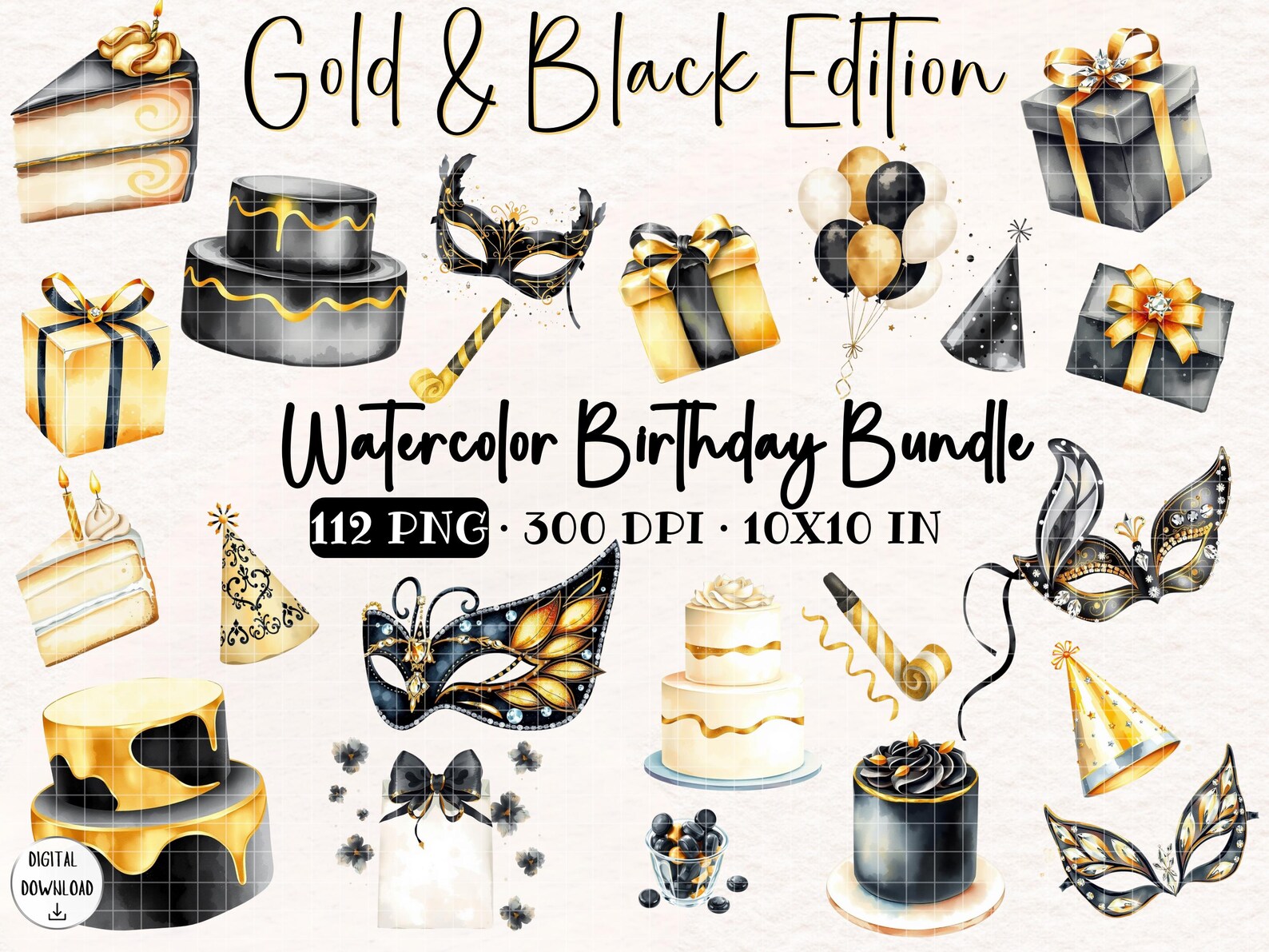 Black Gold Birthday Clipart | Watercolor Party–138 PNG | Balloons ...