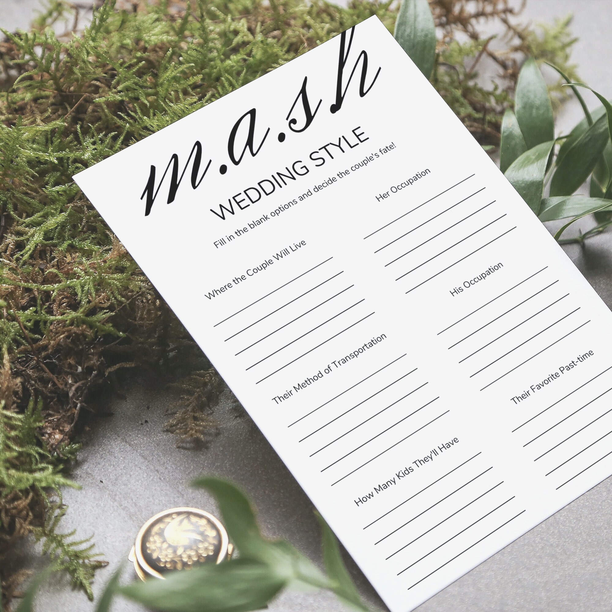 MASH Printable Party Game for Bridal Shower Instant Download ...