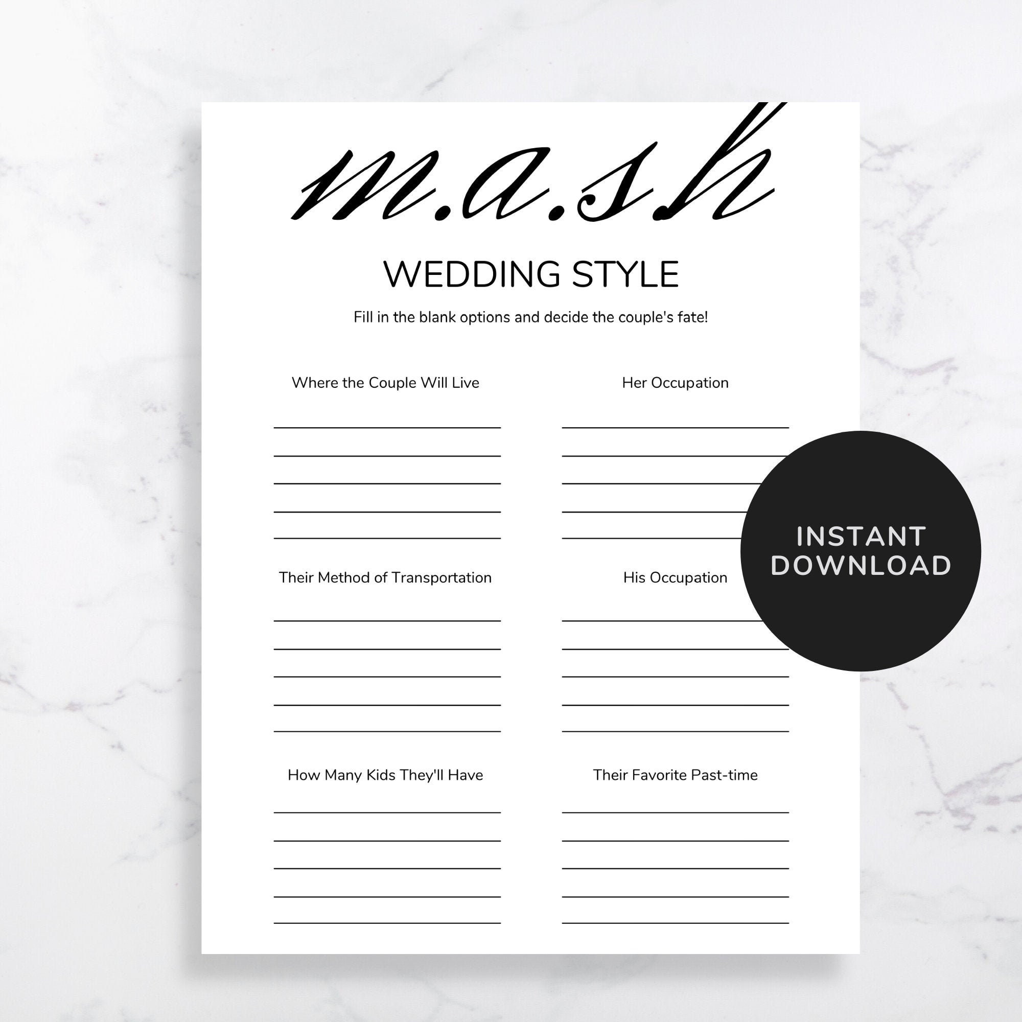 MASH Printable Party Game for Bridal Shower Instant Download ...