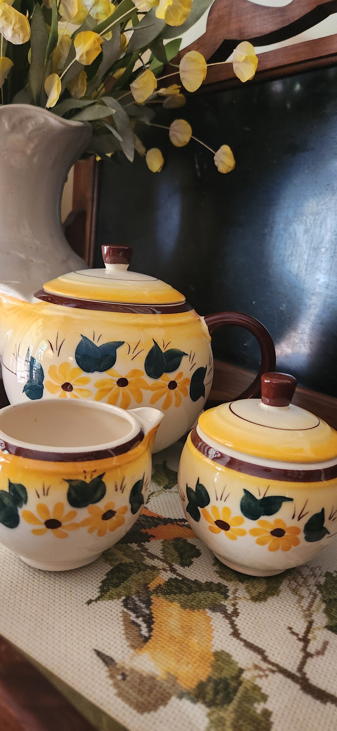 1940s Vernon Kilns brown-eyed Susan Tea Set Teapot, Creamer, Sugar Bowl ...