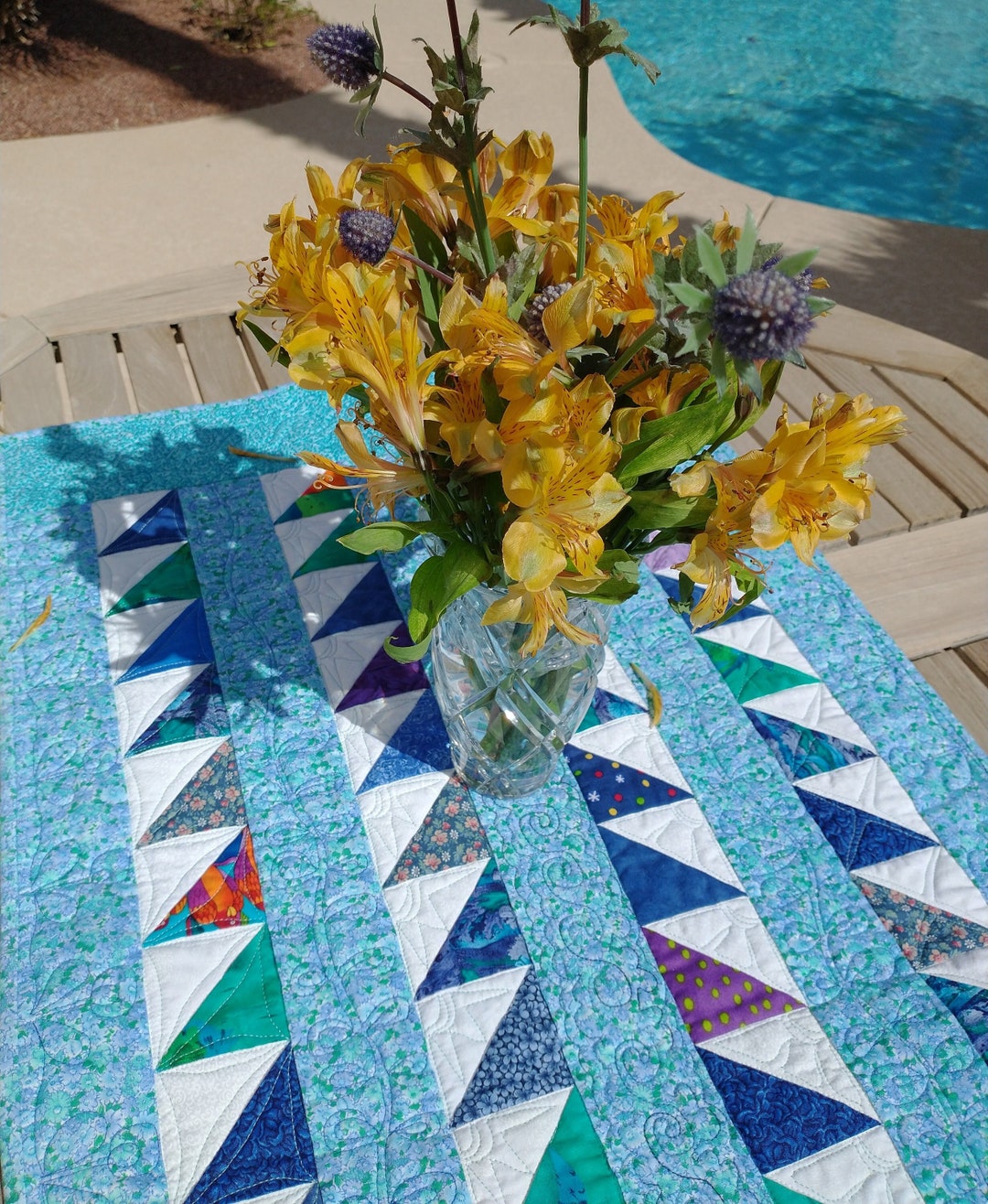 Blue and White Quilted Table Topper, Violet, Turquoise, and White Quilt ...