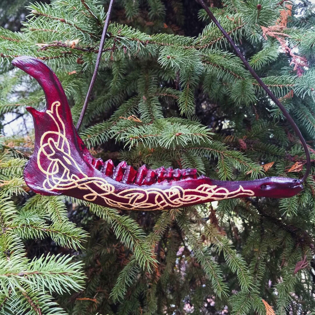 Norse Knotwork Serpent on Blood-red Deer Jaw Bone With Gold Muscovite ...