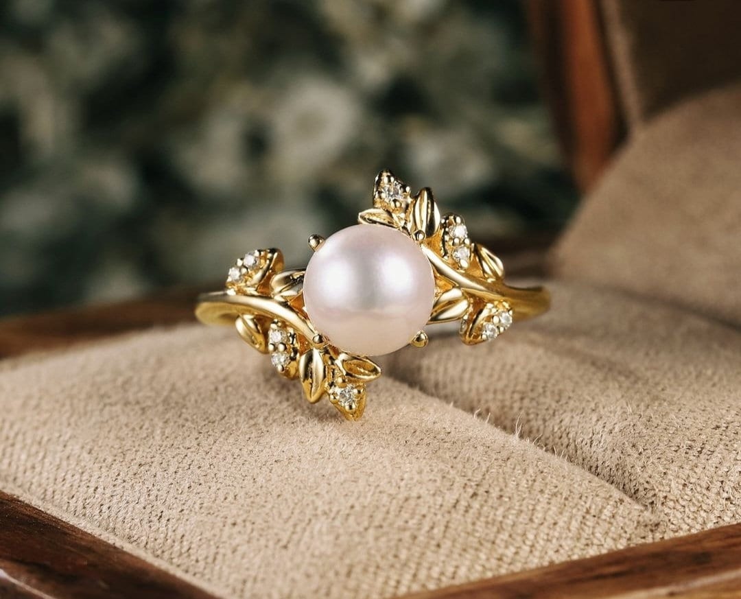 Vintage Water Pearl Engagement Ring 14K Gold Moissanite Cluster Wedding ...