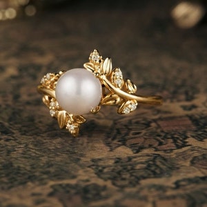 Vintage Water Pearl Engagement Ring 14K Gold Moissanite Cluster Wedding ...
