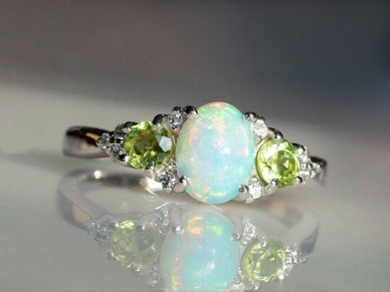 Unique Opal and Peridot Engagement Ring 925 Ring Opal Wedding - Etsy