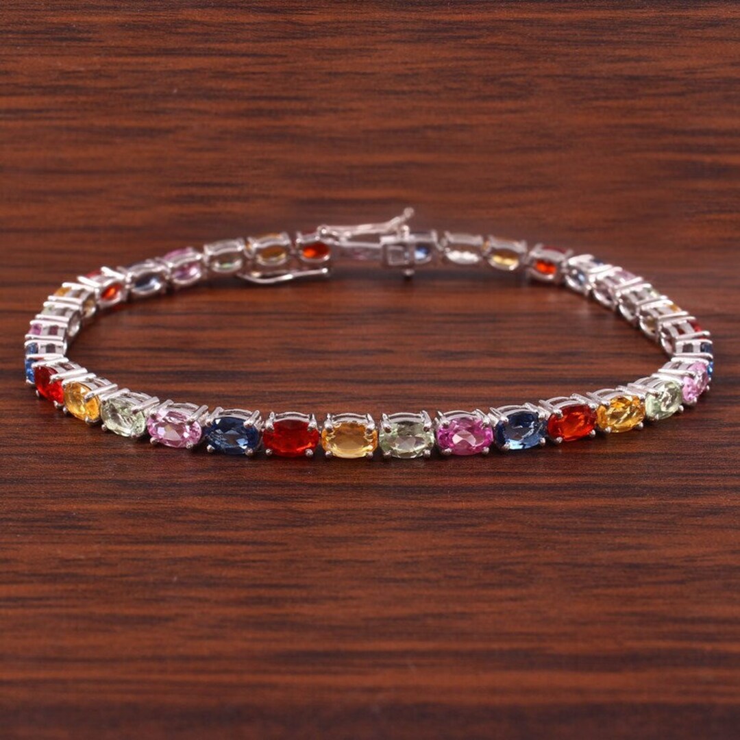 Rainbow Sapphire Bracelet Multi-color Sapphire 925 Solid Silver Tennis ...
