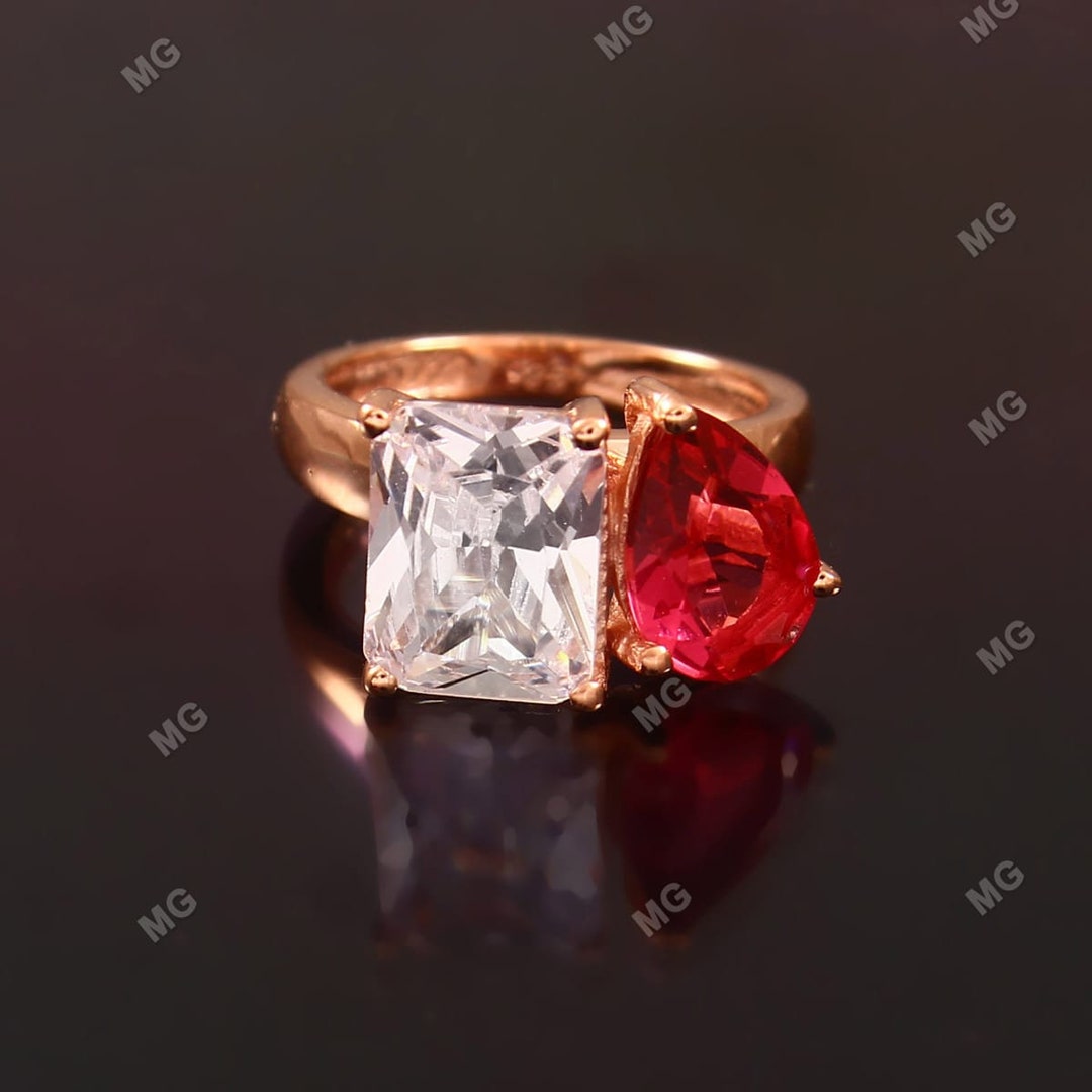 Emerald Cut Diamond Ring Toi Et Moi Ring 925 Silver Two Stone Ring Pear ...