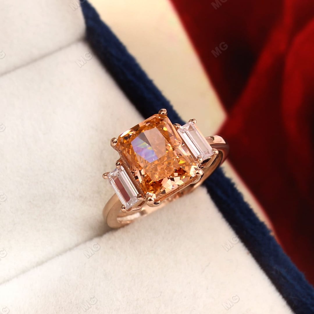 Octagon Peach Morganite Engagement Ring, Bridal Moissanite Ring Unique ...