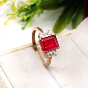 Emerald Cut Lab Created Ruby Engagement Ring for Women, Vintage Wedding ...