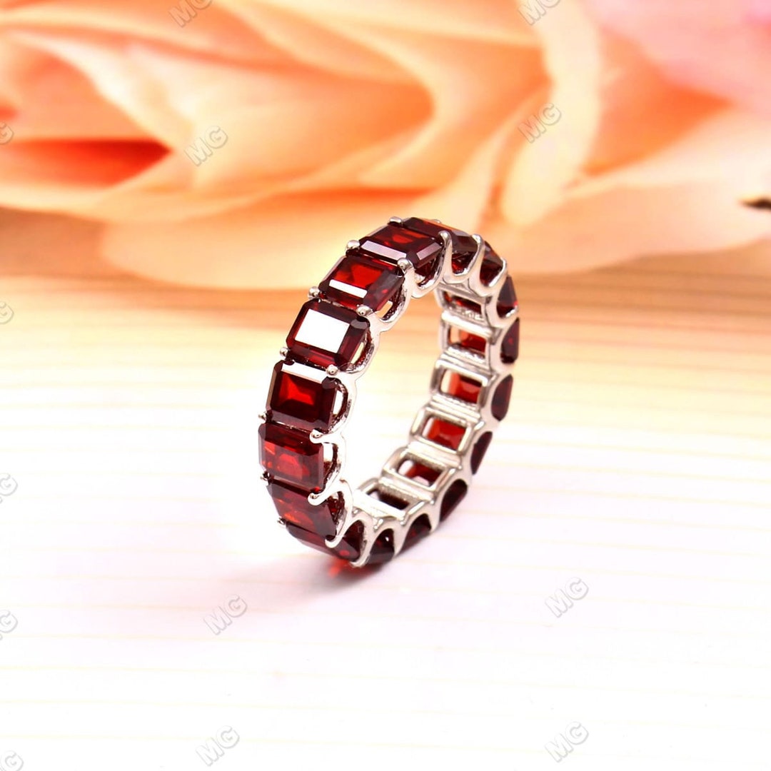 Full Eternity Emerald Cut Garnet Wedding Band Unique 925 Silver Wedding ...