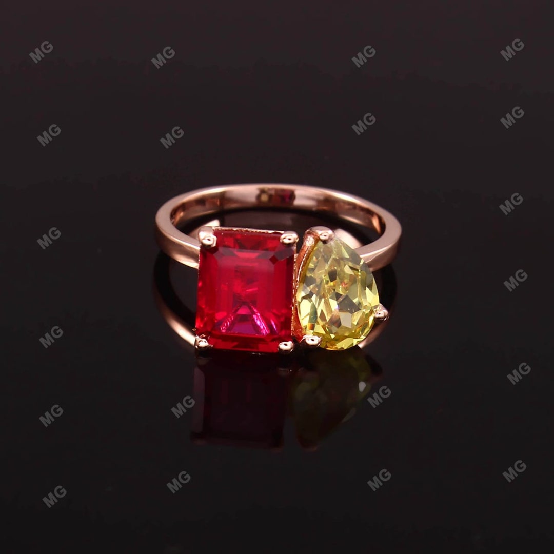 Peridot and Ruby Ring, Peridot and Ruby, Silver Double Stone Ring,toi ...
