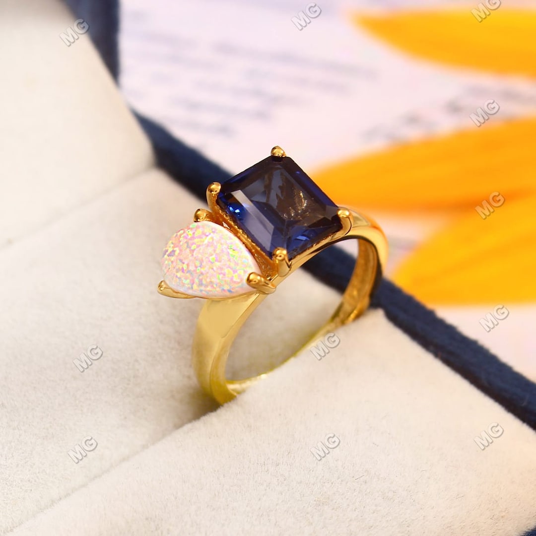 Vintage Opal, Blue Sapphire Gemstone Ring, Emerald, Pear Shape 925 ...