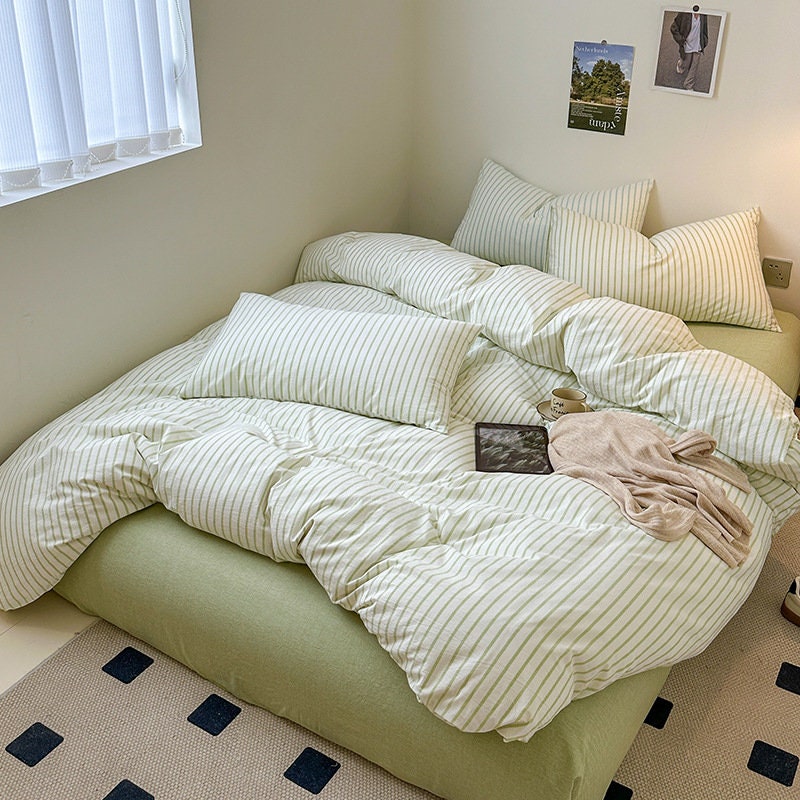 Cottagecore Sage Green Stripes Aesthetic Bed Sheets 100% Cotton Bedding ...