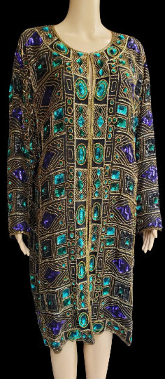 Long Heavily Silk Sequin Dress Coat Sequin Duster - Gem