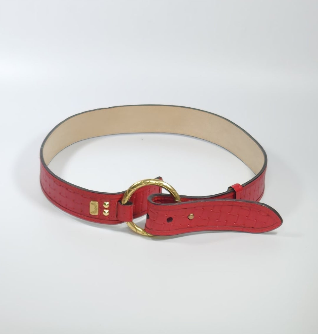 Women's Red Leather Belt, Genuine Leather Belt, Gold Tone Ring Loop ...