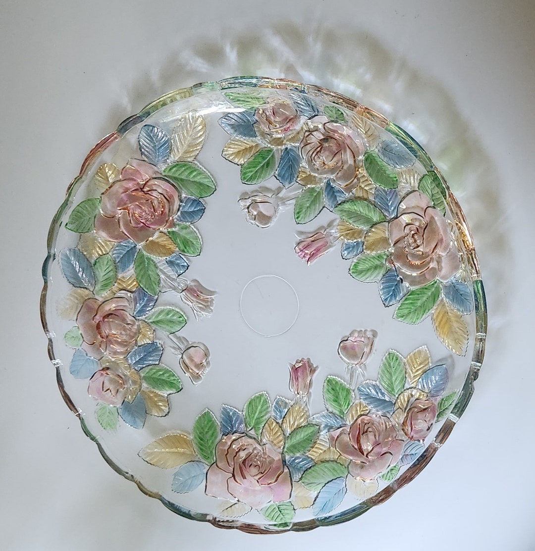 Glass Serving Tray, Heavy Glass Round Platter, Featuring Pink Roses ...