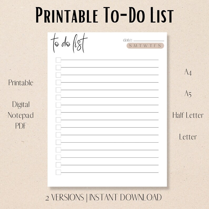 To Do List Printable Digital Download Digital Task List A4 - Etsy