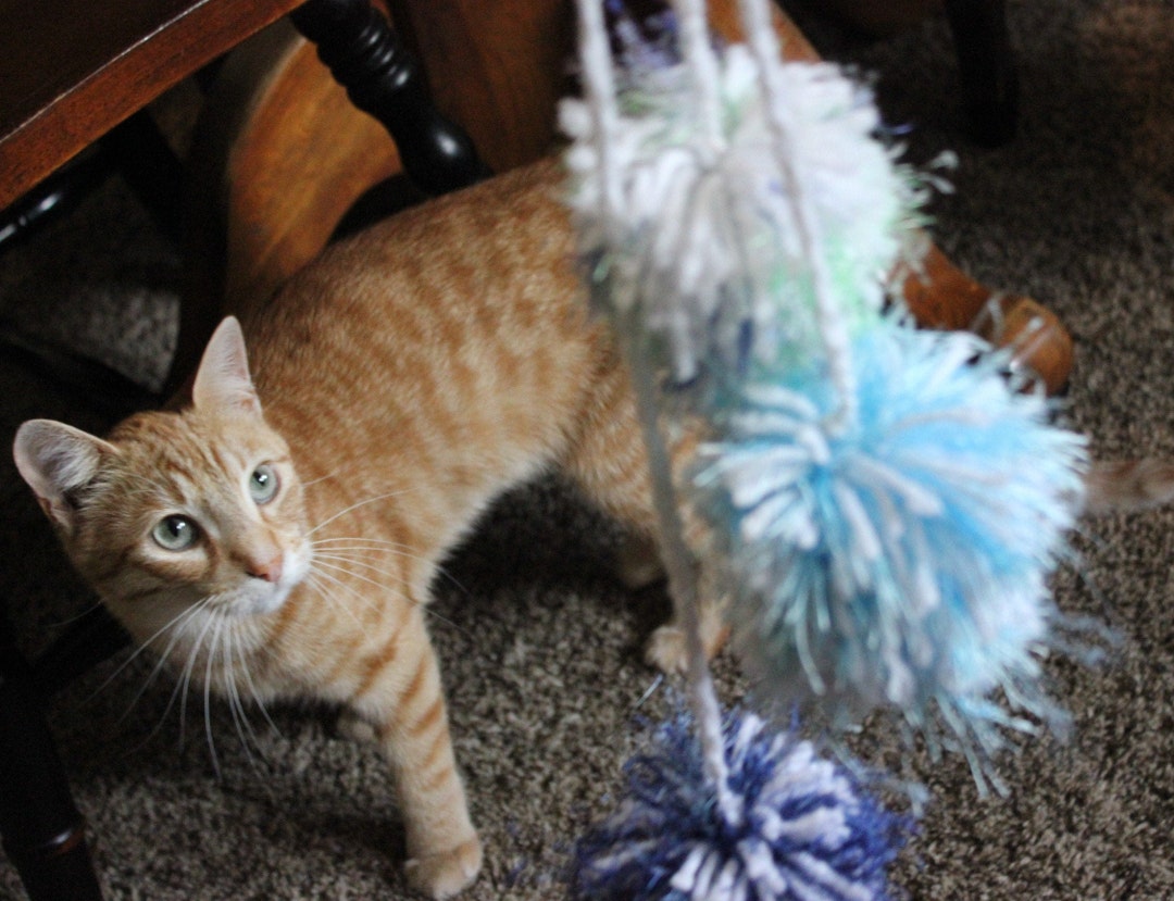 Blue and Green Fuzzy Puffball Cat Toy Set - Etsy