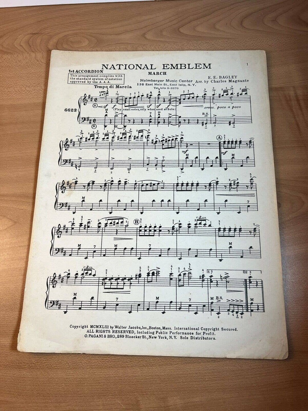 1943 National Emblem 1st Accordion Sheet Music 3 Pages E.E. Bagley ...