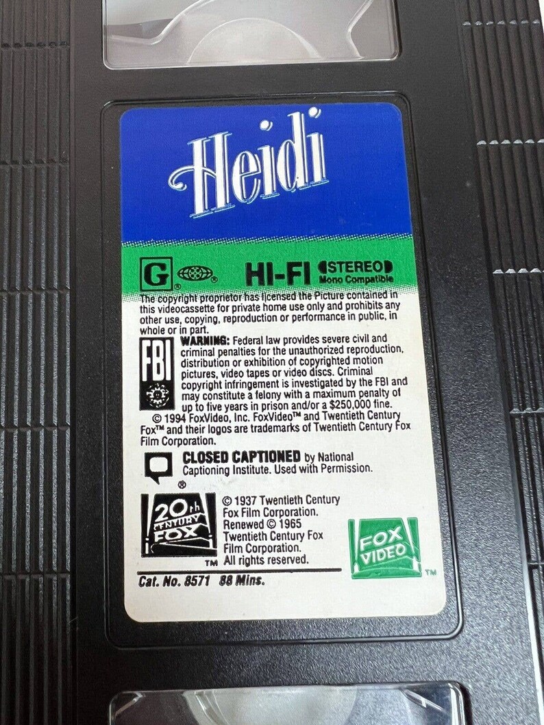 HEIDI (VHS, Colorized) - Clam Shell Case - Shirley Temple - 1937 Movie ...