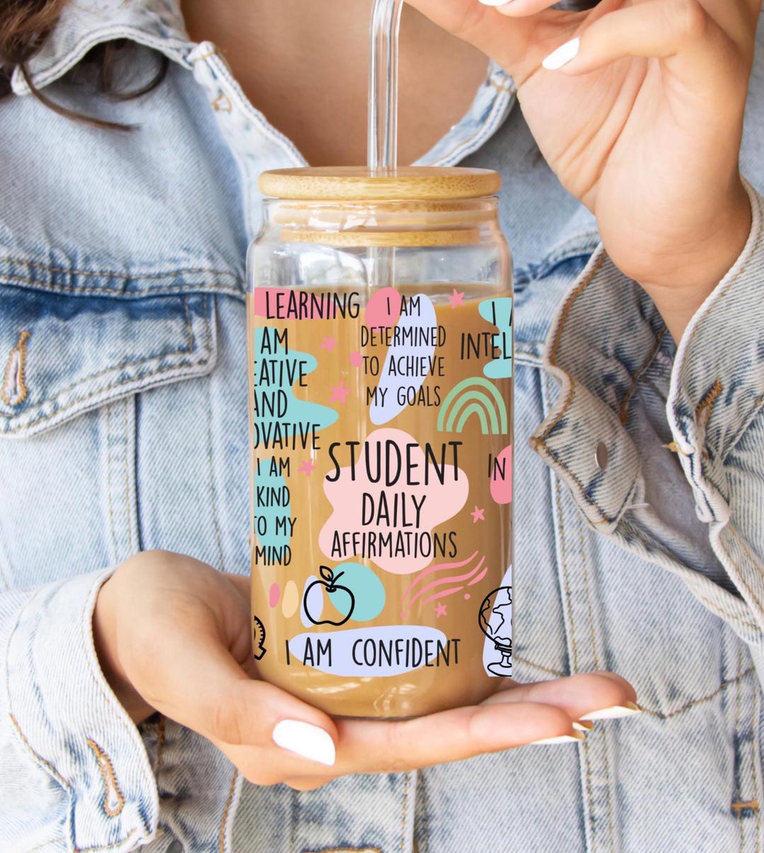 Student Affirmation Glass Cup: Motivational Drinkware, Bamboo Lid, 16oz ...