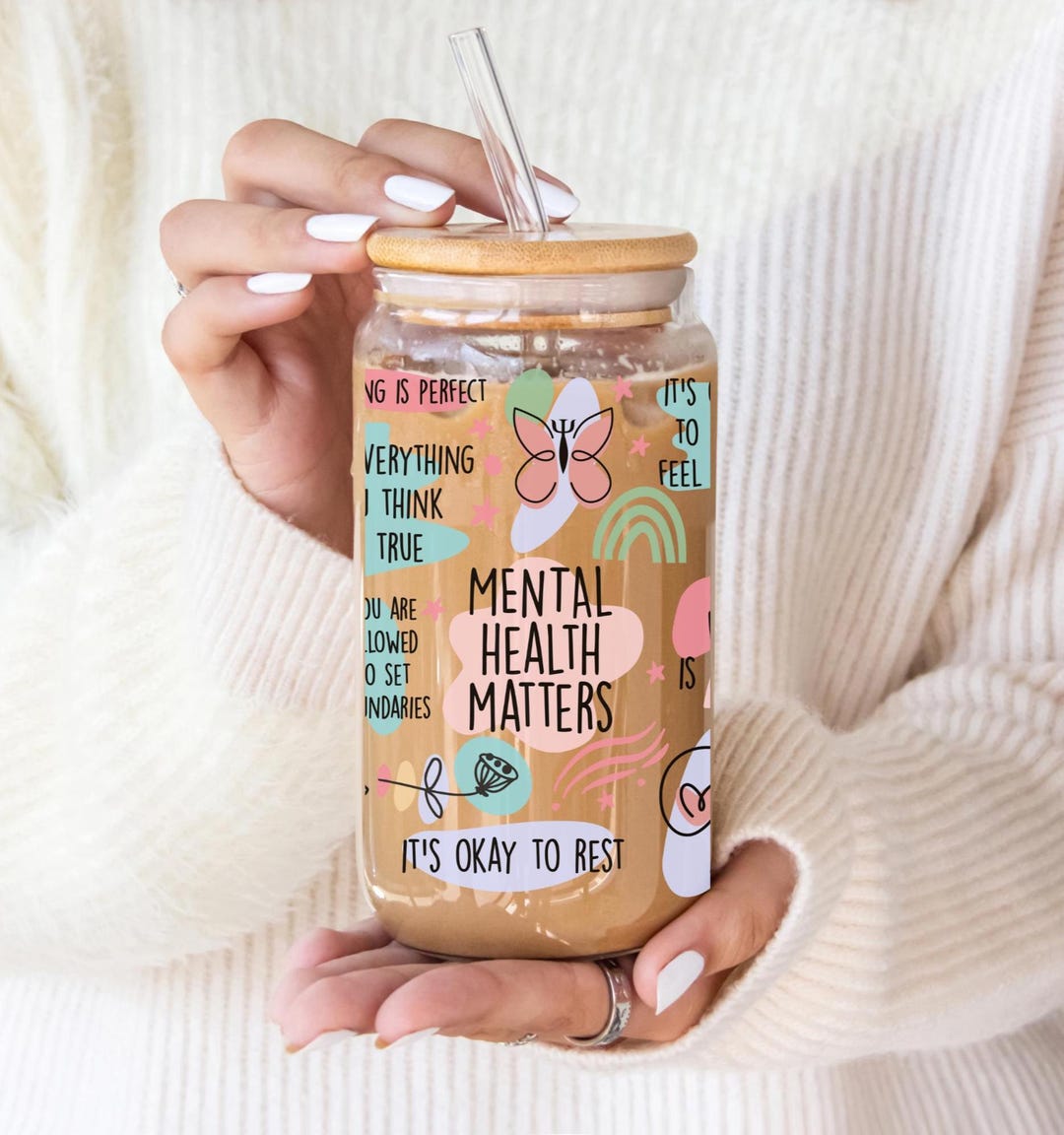 Mental Health Sipper Glass Cup, Motivational Drinkware, Self-care Gift ...
