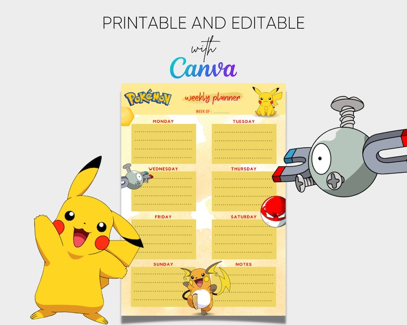 Pokemon Weekly Planner, Electric Type, Daily Work Schedule, Weekly ...