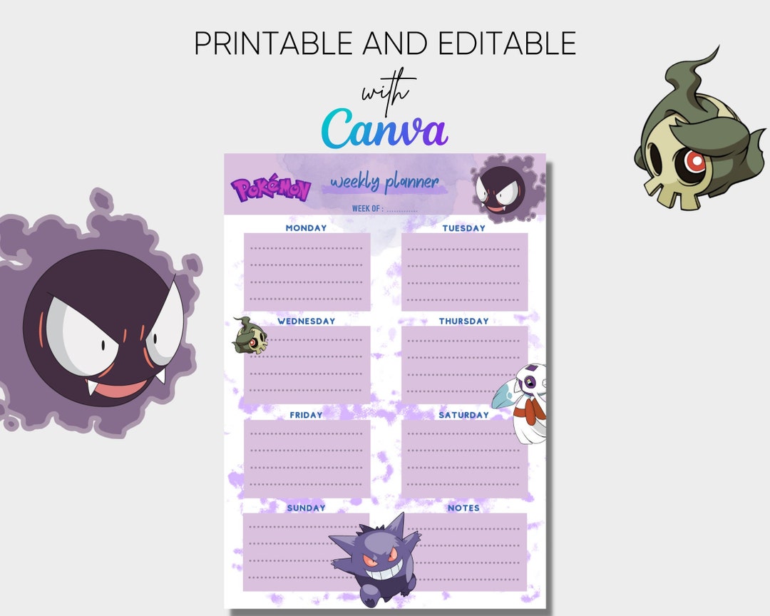 Pokemon Weekly Planner, Ghost Type, Daily Work Schedule, Weekly Agenda ...