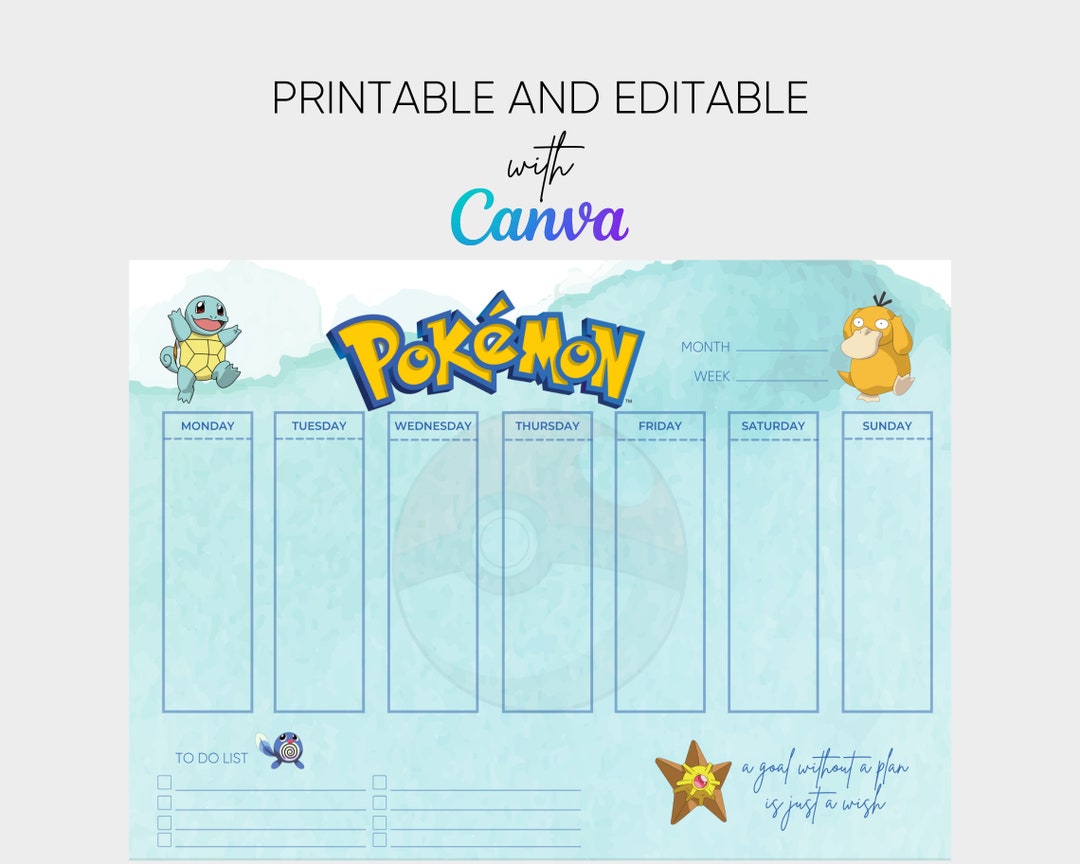 Pokemon Weekly Planner, Water Type, Daily Work Schedule, Weekly Agenda ...