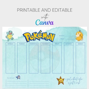 Pokemon Weekly Planner, Water Type, Daily Work Schedule, Weekly Agenda ...