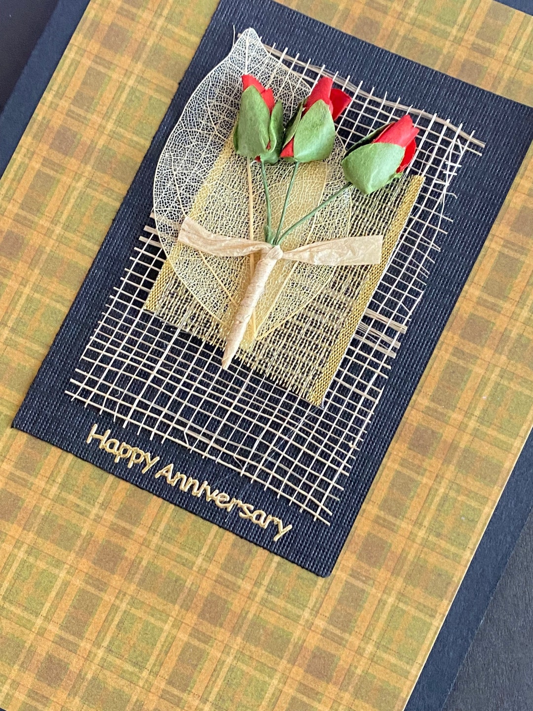 Happy Anniversary- Plaid Card Stock and Embellished With a Bouquet of ...