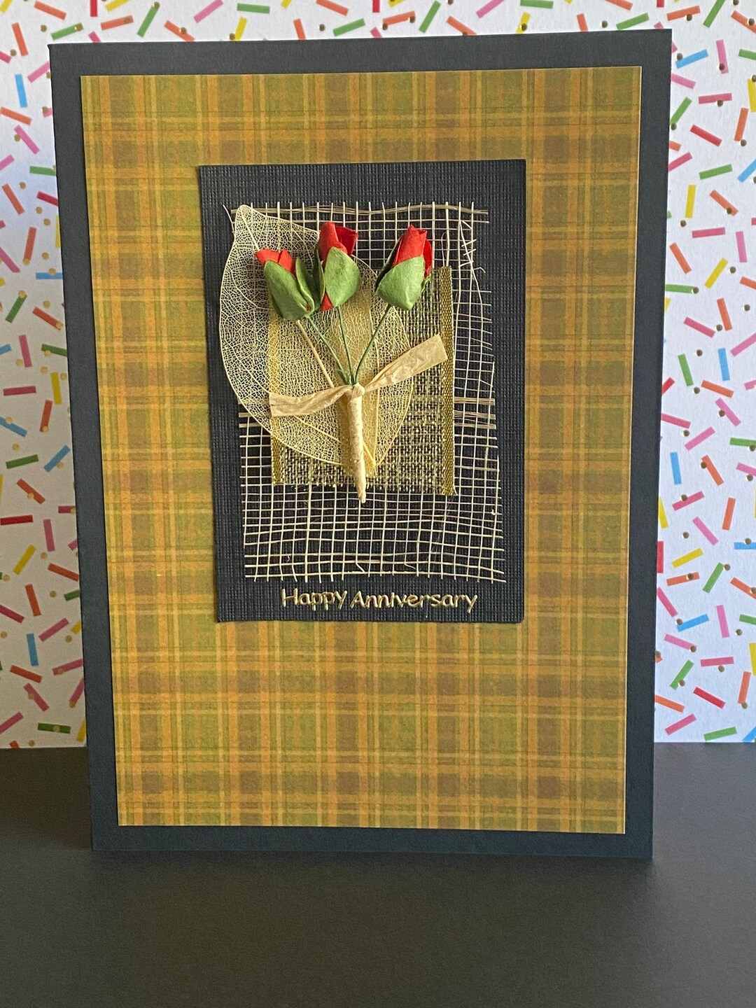 Happy Anniversary- Plaid Card Stock and Embellished With a Bouquet of ...