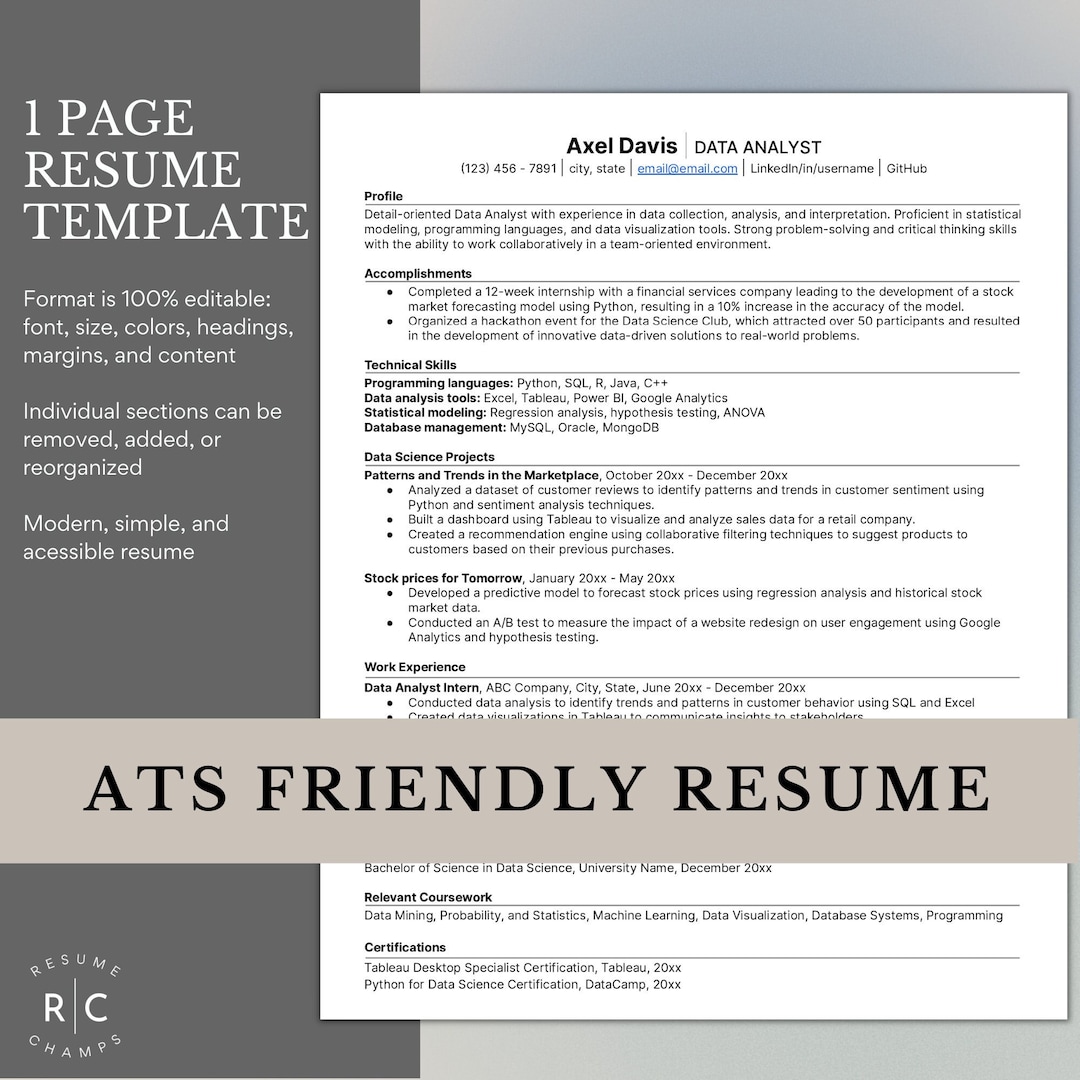 ATS Friendly Resume Data Analyst Professional Minimalist - Etsy