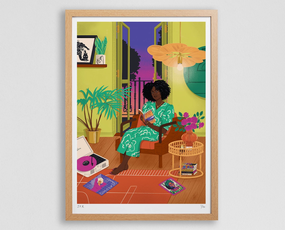 Art Print - Black Woman Reading in Her Living Room at Sunset (A4 - A3 ...