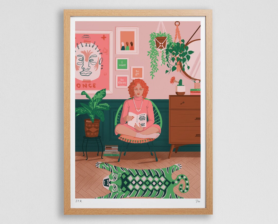 Art Print - White Woman Reading a Reni Eddo-lodge Book in Her Living ...