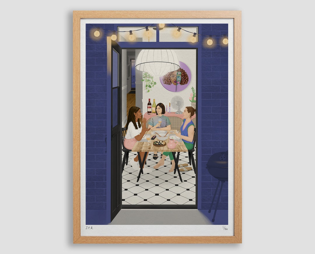 Art Print Illustration of Three Women Around the Dinner Table, Chatting ...